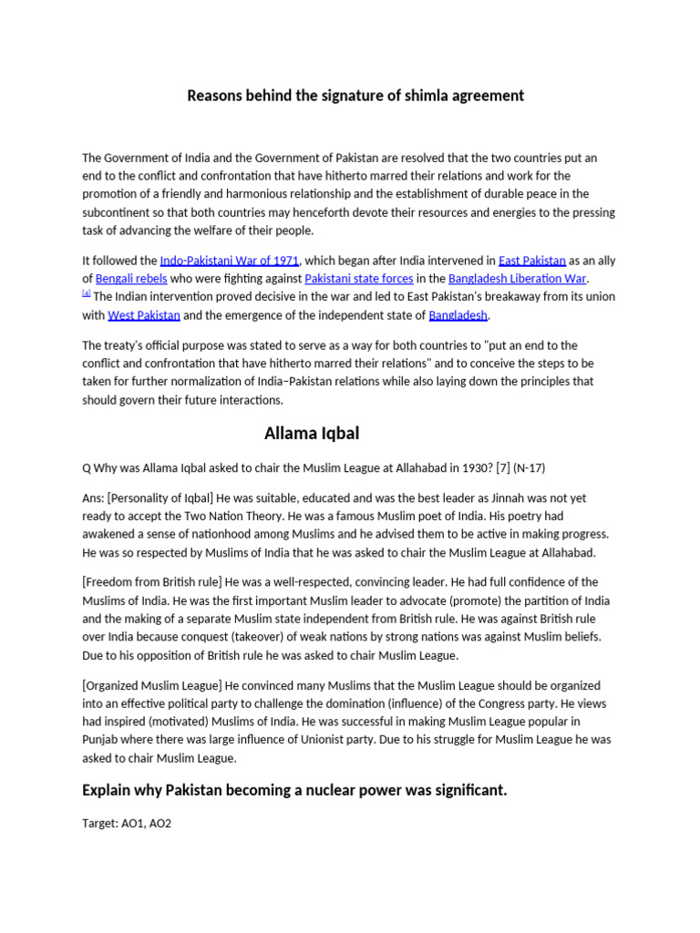 Reasons Behind The Signature of Shimla Agreement | PDF | Pakistan ...