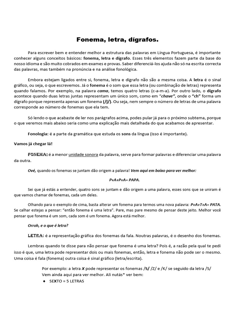 Aula 1 - Fonema-Letra-Dígrafos | PDF | Fonema | Palavra