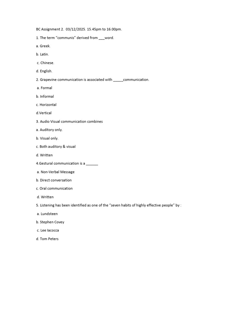 Communication Skills Quiz Questions | PDF | Communication | Human ...
