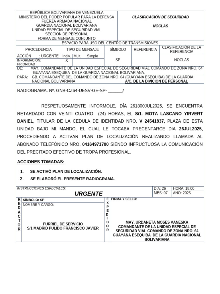 Radiograma de Retaedo s1 Mota Lascano | PDF | Militar | Venezuela