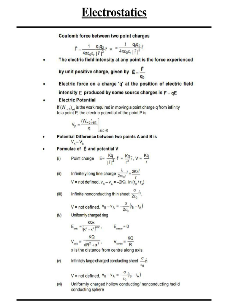 Electrostatics Formula Sheet | PDF