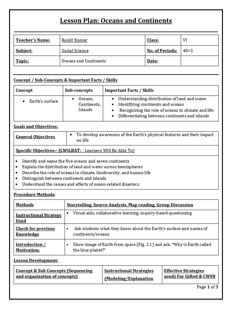 Oceans and Continents Lesson Plan | PDF | Learning | Earth