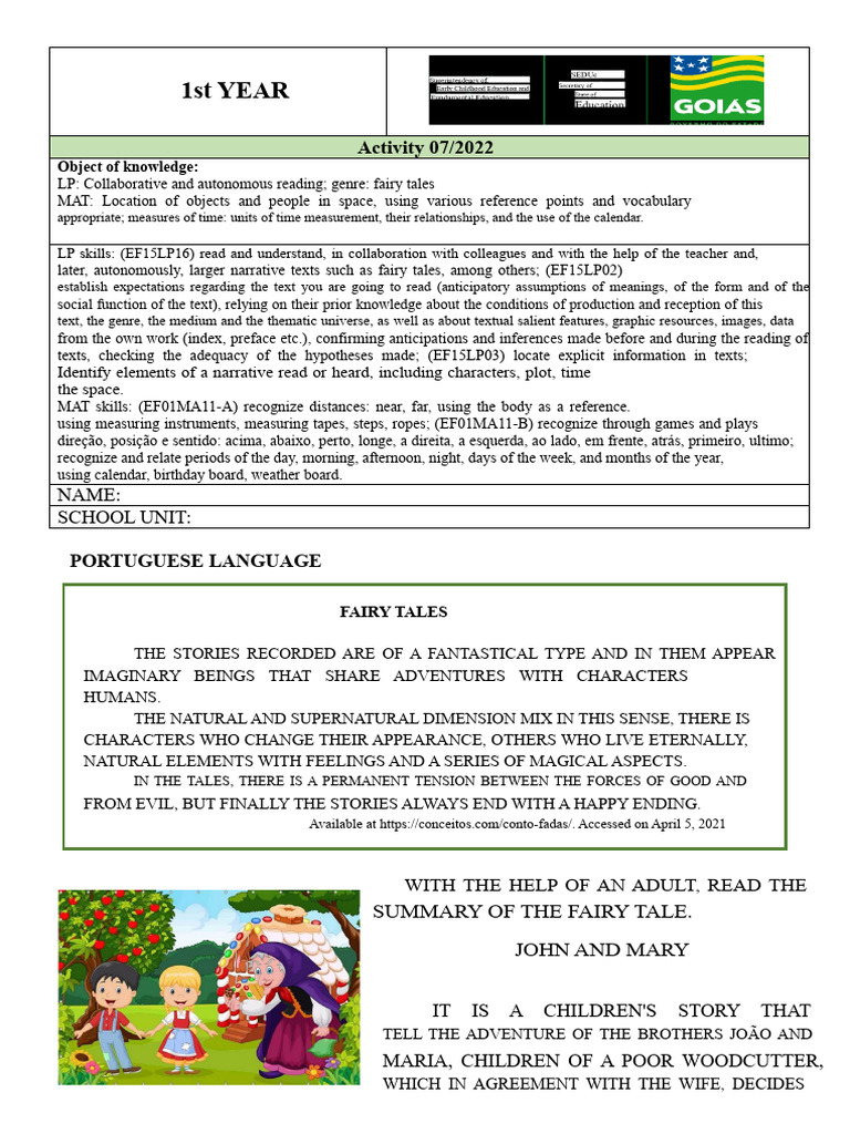 1st Year - Activity 7 - FAIRY TALES - TIME MEASUREMENT | PDF