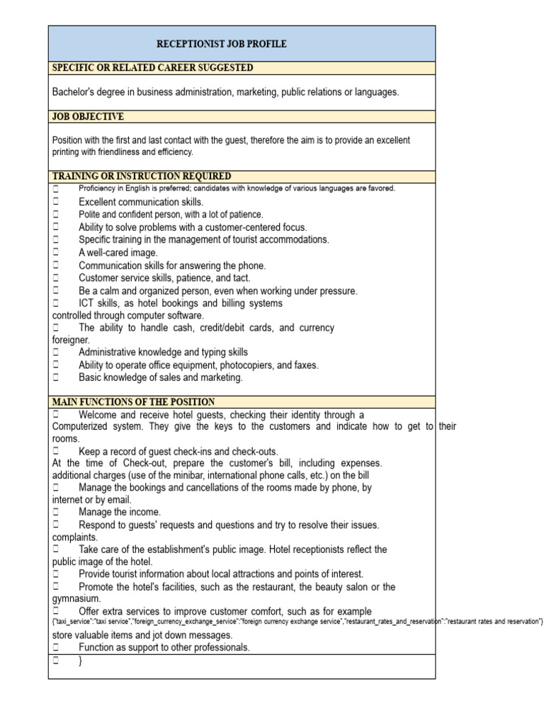 RECEPTIONIST JOB PROFILE | PDF | Communication | Hotel