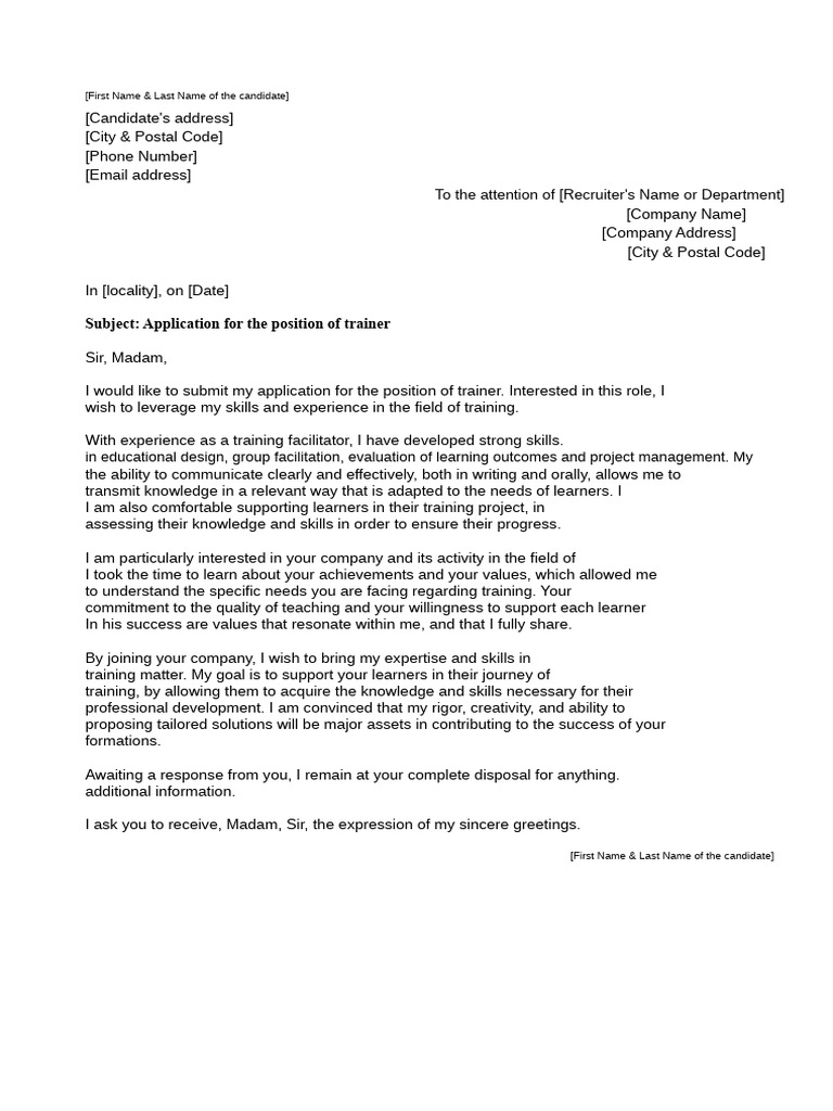 Example of A Cover Letter For A Trainer | PDF