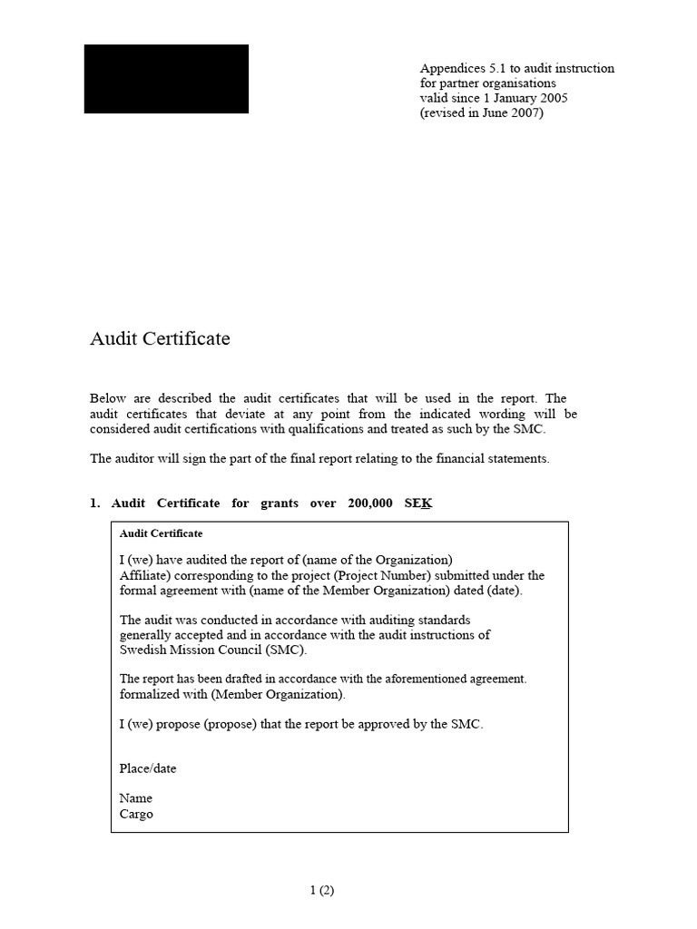 Audit Certificate | PDF | Audit | Auditor's Report