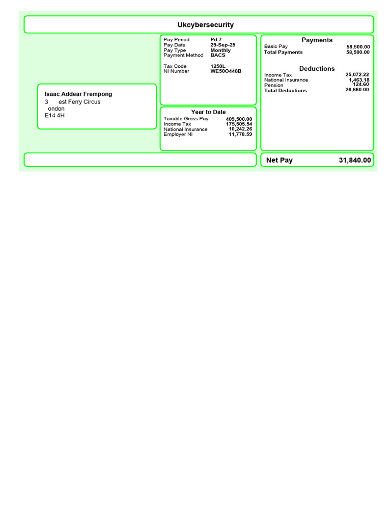 Ukcybersecurity Employee Payslip For Isaac Addear Frempong PD7 SEP25 | PDF