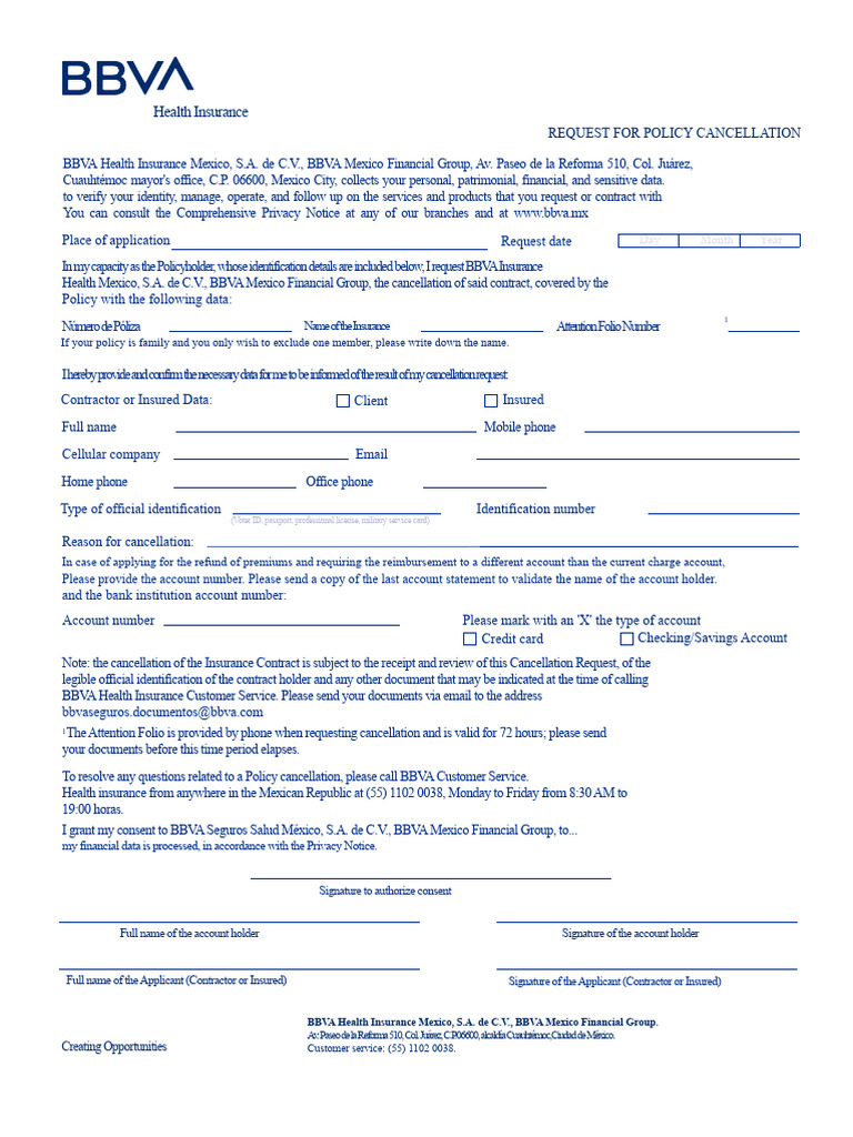 BBVA Health Insurance Cancellation Request | PDF | Identity Document ...