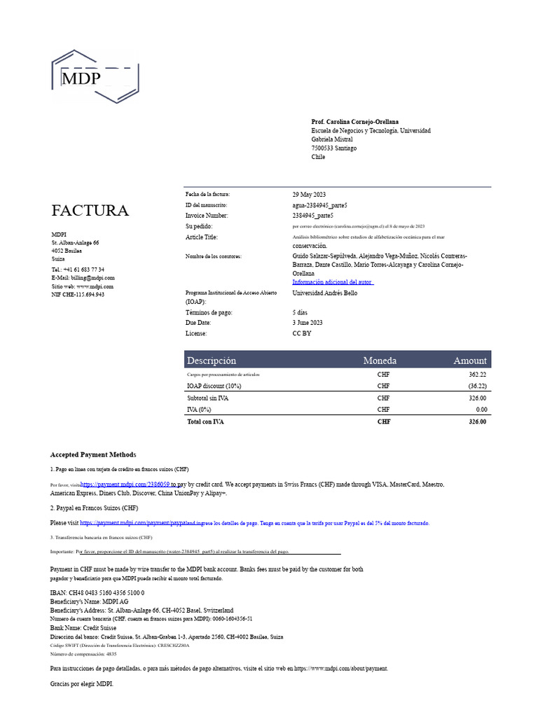 Factura MDPI Agua-2384945 Parte5 326.00CHF | PDF | Transferencia ...