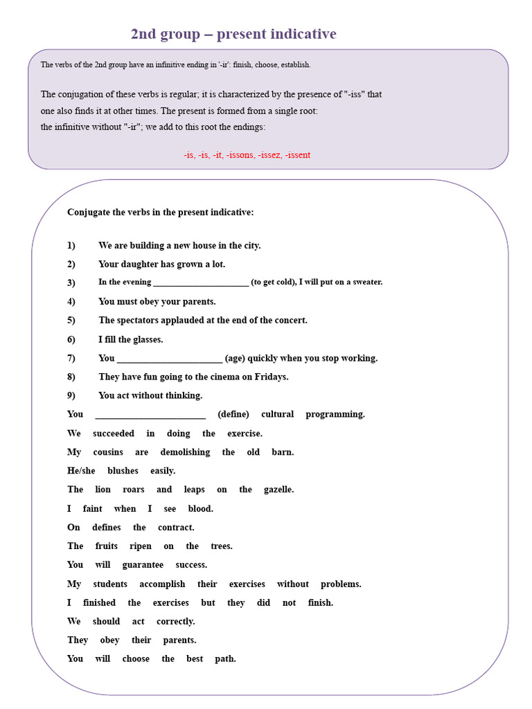 Present of The Indicative 2nd Group Verbs Exercise Sheet 49593 | PDF ...