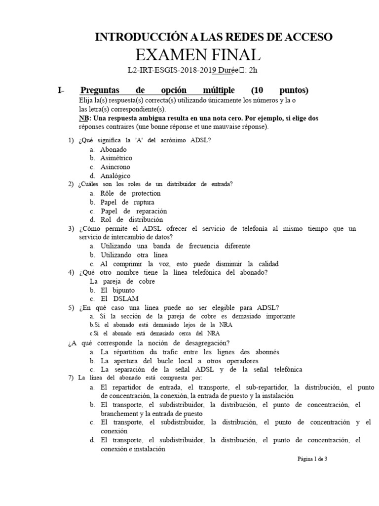 [2018-2019-L2-IRT-ESGIS]-Examen Final de Redes de Acceso | PDF | Tecnología digital | Informática
