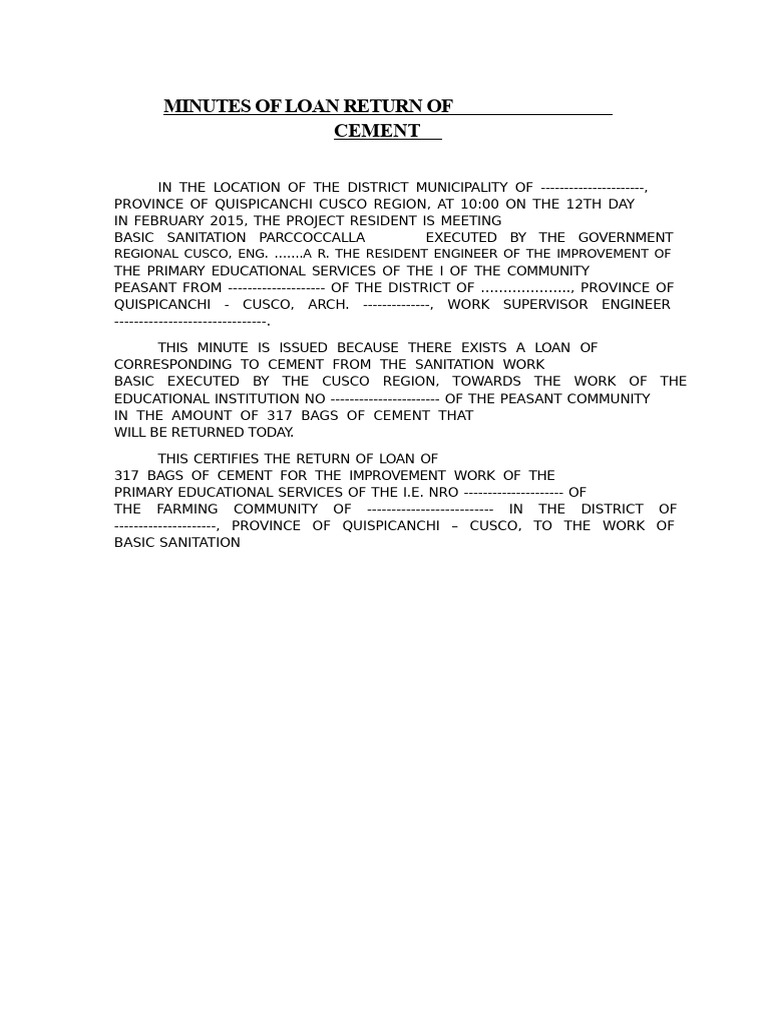 Loan Return Minutes for Cement in Cusco | PDF