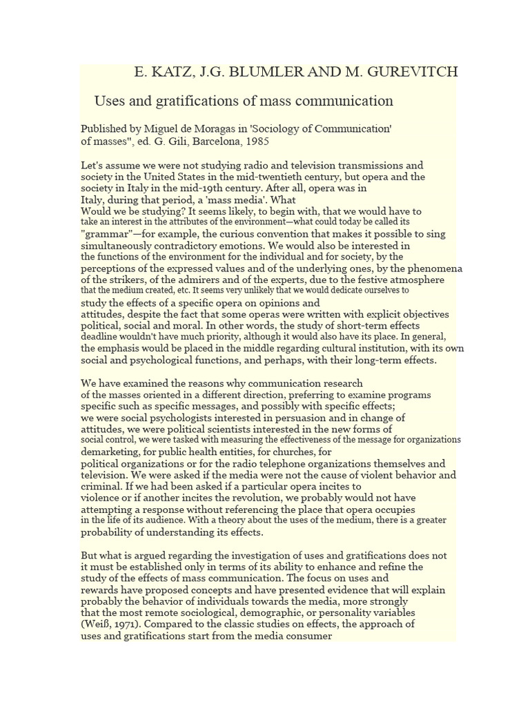 Katz, Blumler, and Gurevitch "Uses and Gratifications of Mass ...