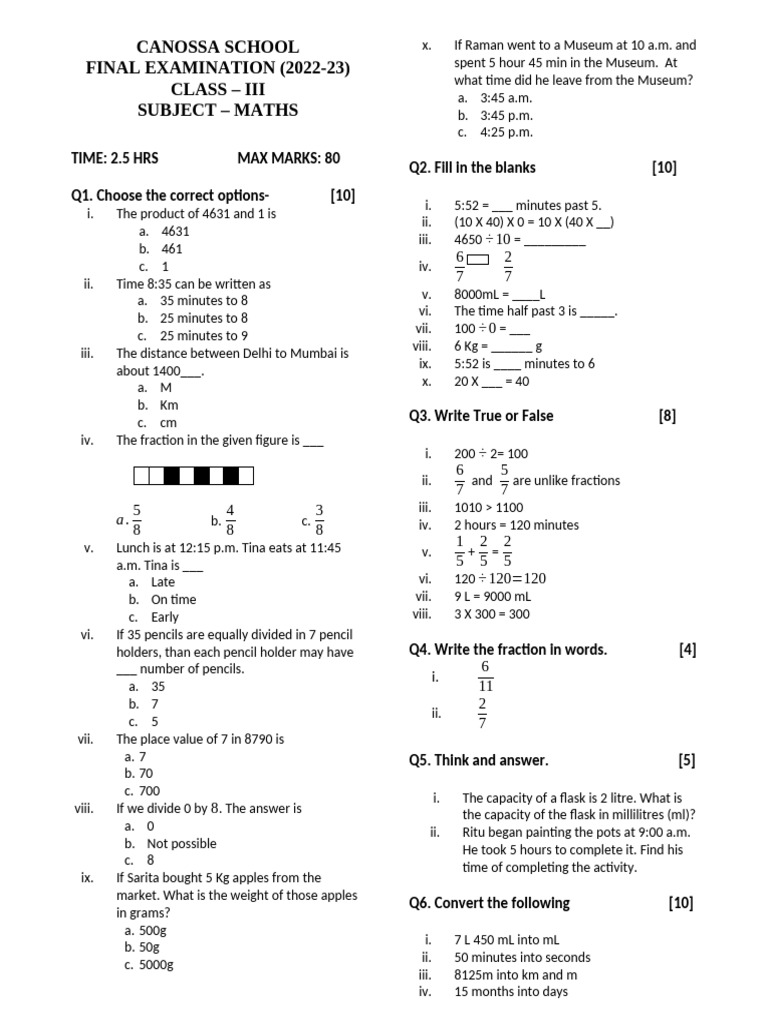 Final Exam Maths Class III Madeeha | PDF | Mathematics | Arithmetic