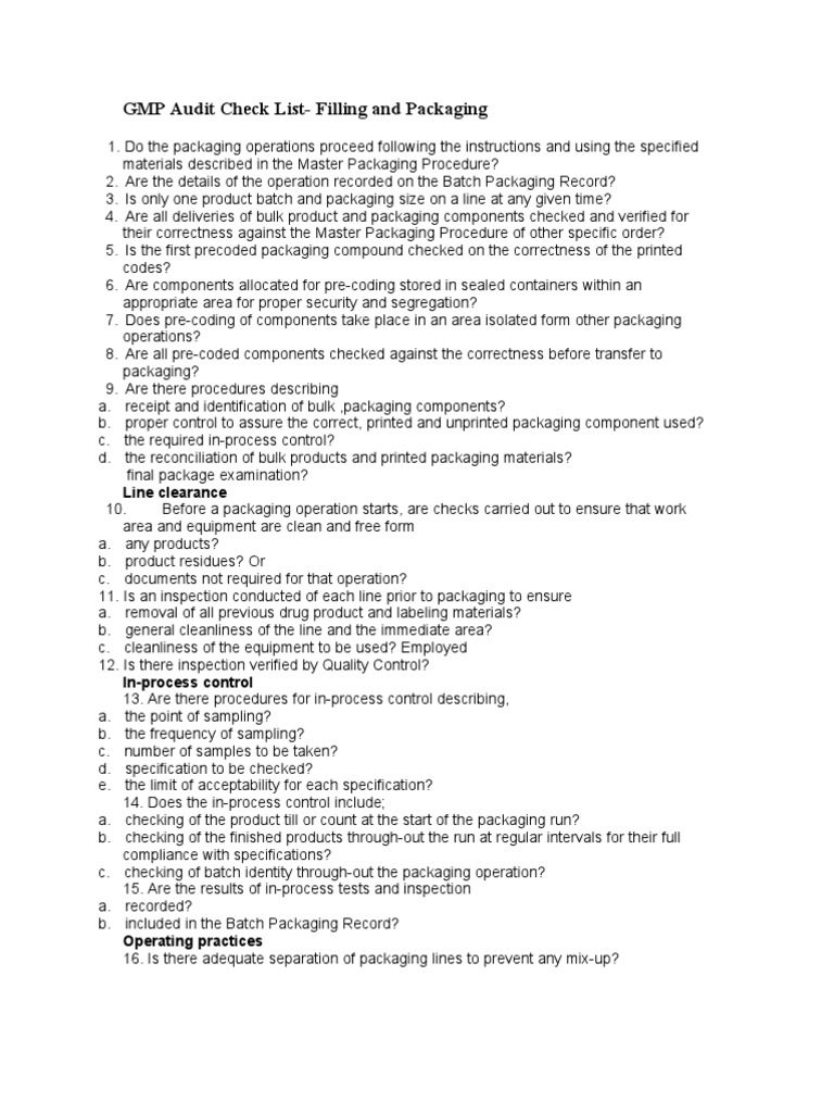 GMP Audit Check List - Filling and Packaging | PDF | Packaging And ...