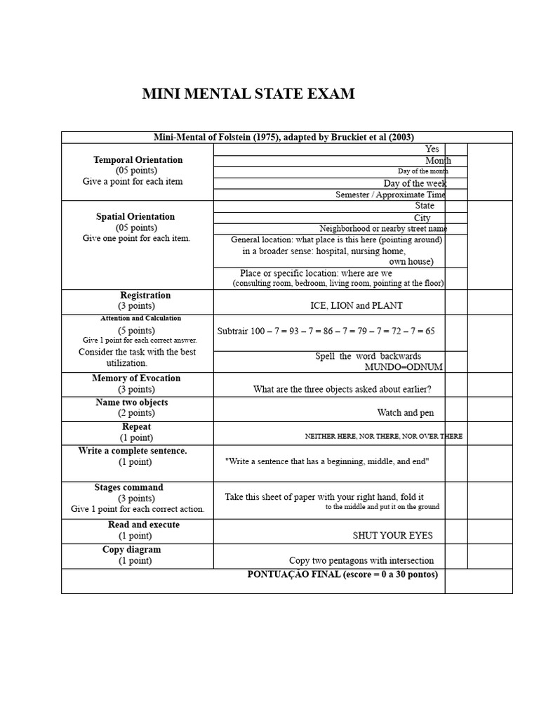 Mini Mental State Examination | PDF | Behavioural Sciences | Psychology