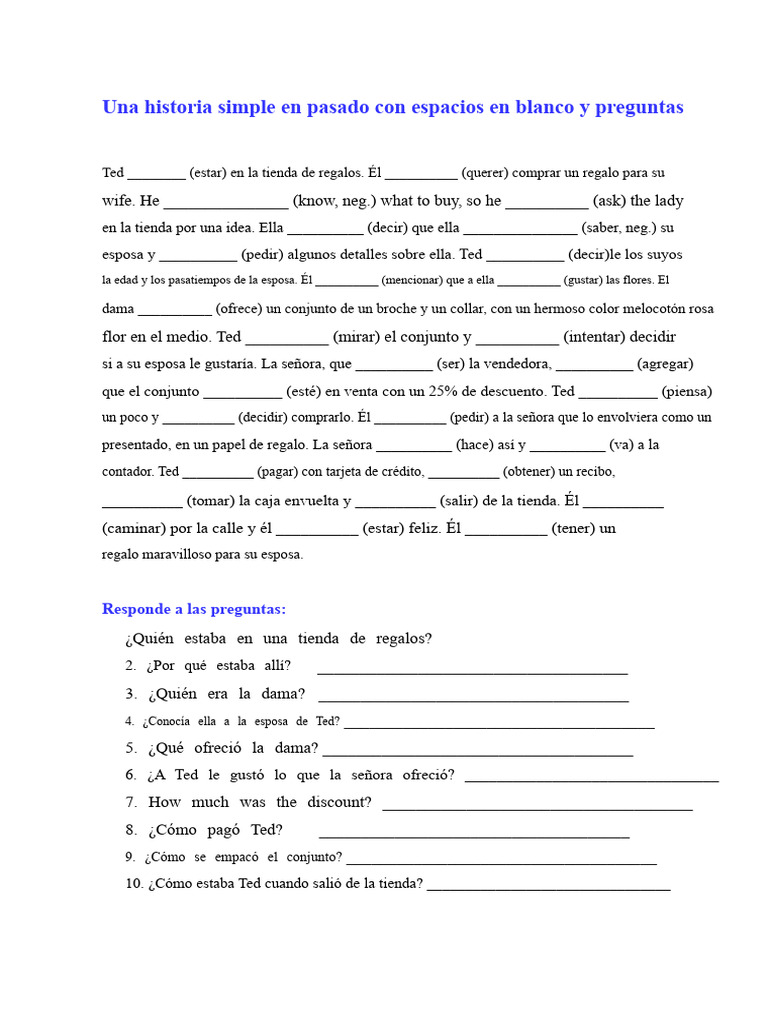 Una Historia Sencilla en Pasado Simple Con Espacios para Completar ...