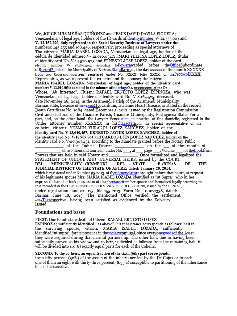 Inheritance Partition Agreement Venezuela | PDF | Identity Document ...