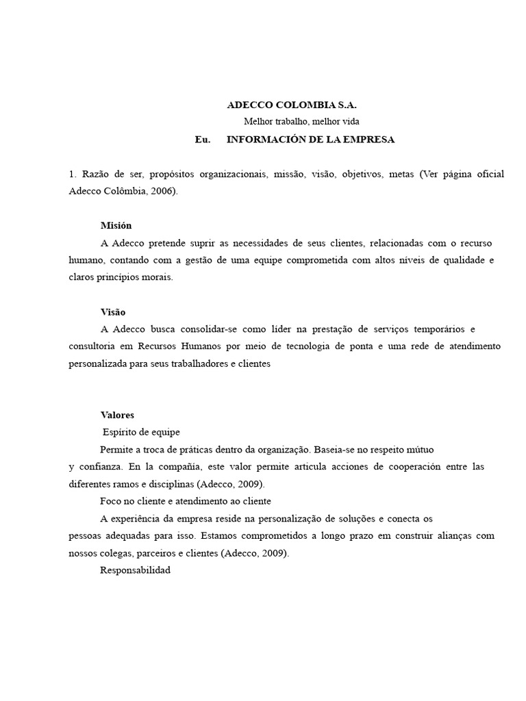 Adecco Colômbia: Missão, Visão e Valores | PDF | Gestão de recursos ...