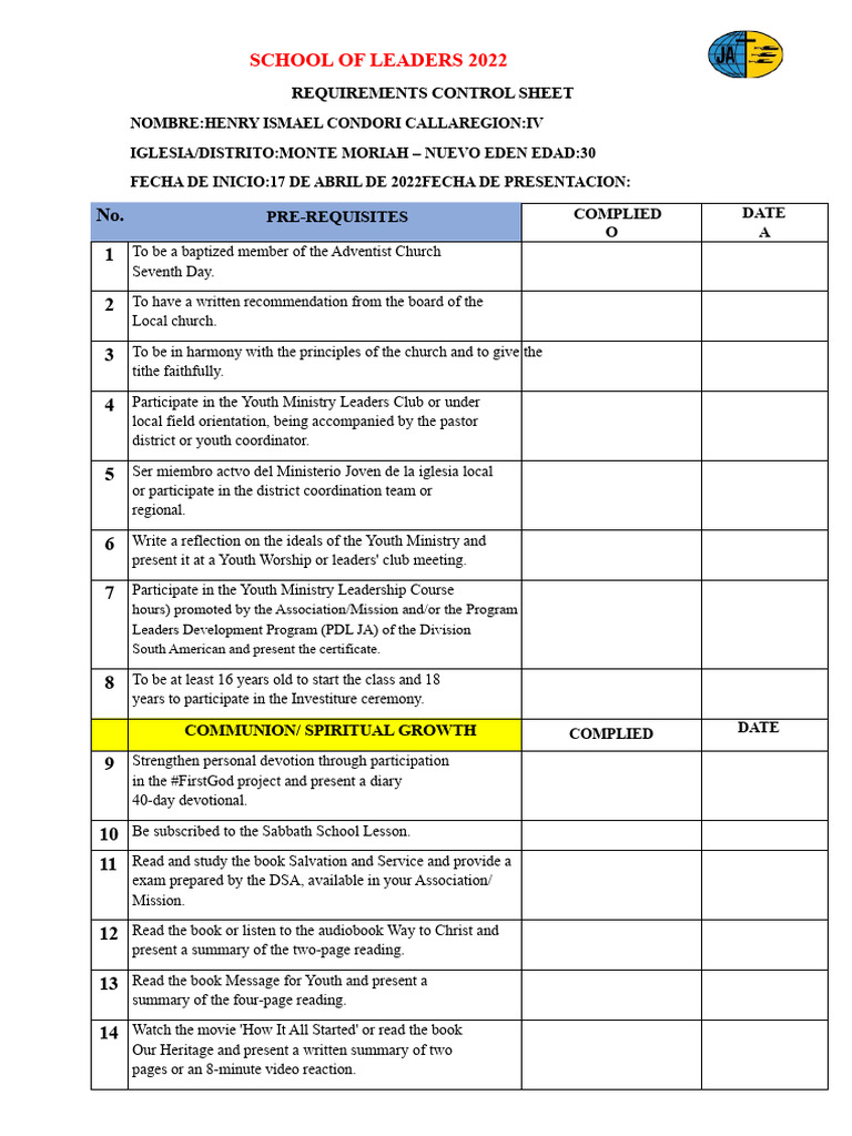 Control Sheet Leader JA 2022 | PDF | Christian Mission | Evangelism