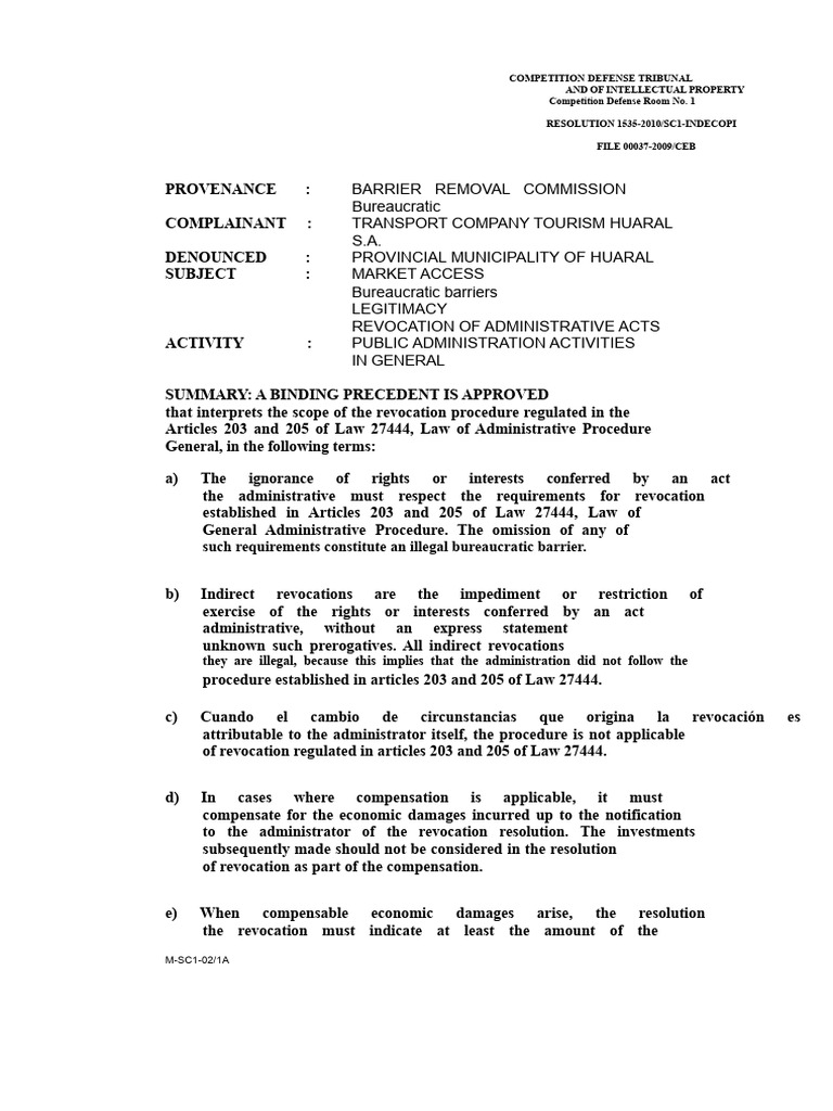 Re1535.pdf INDECOPI-PRESIDENT = ABOUT NON-REVOCATION OF OPERATING ...