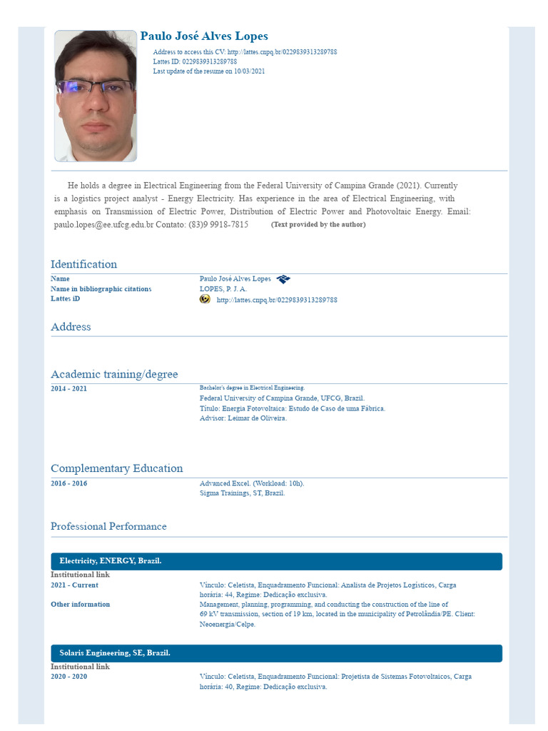 Curriculum of The Lattes Curriculum System (Paulo José) | PDF ...