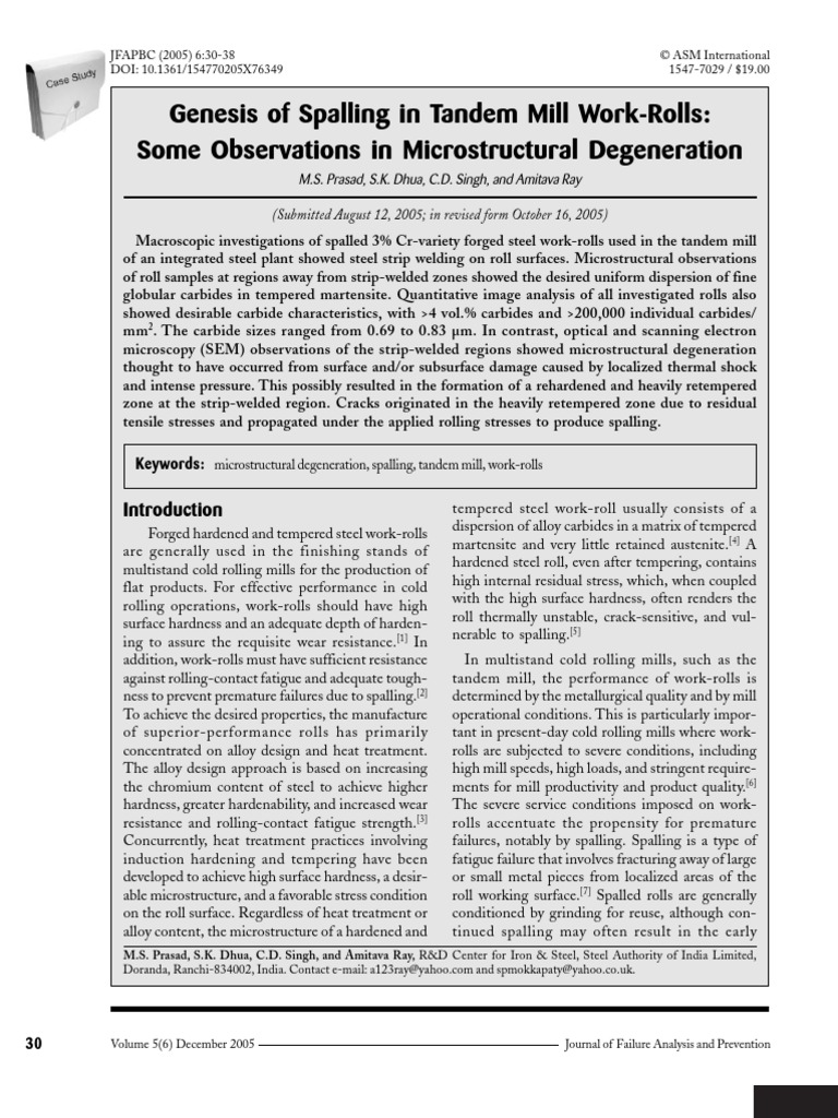 Genesis of Spalling in Tandem Mill Work-Rolls | PDF | Heat Treating ...