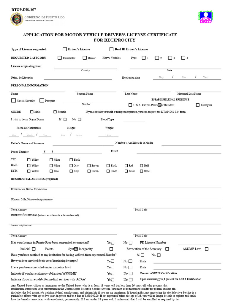 DTOP-DIS-257 Application For Driver's License Certificate For Motor ...