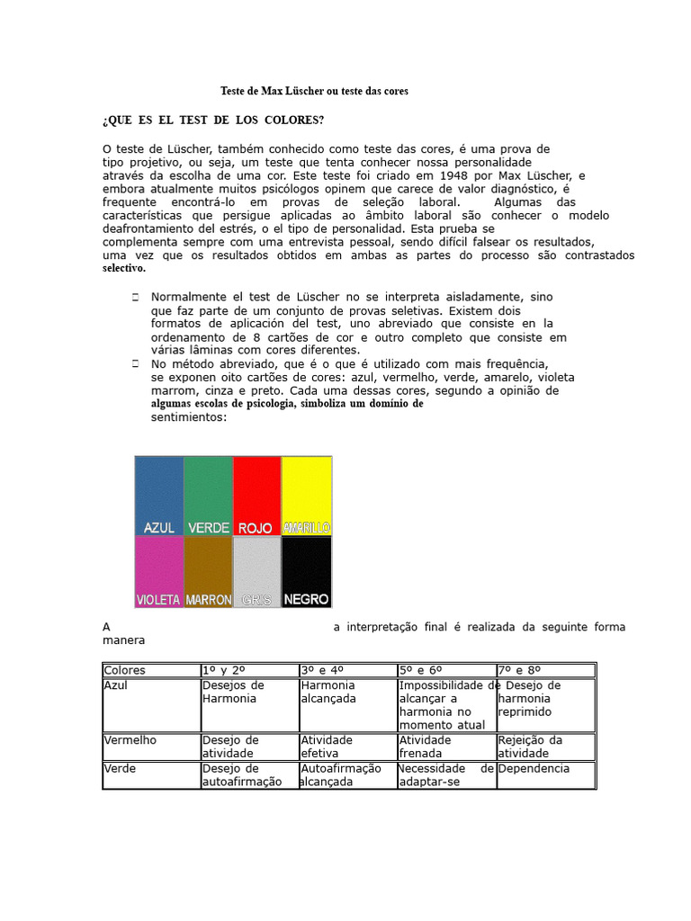 Teste de Max Luscher Ou Teste Das Cores | PDF | Cor | Psicologia