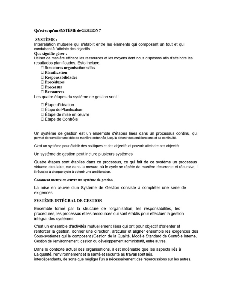 Système de Gestion : Étapes et Avantages | PDF | Management de la ...