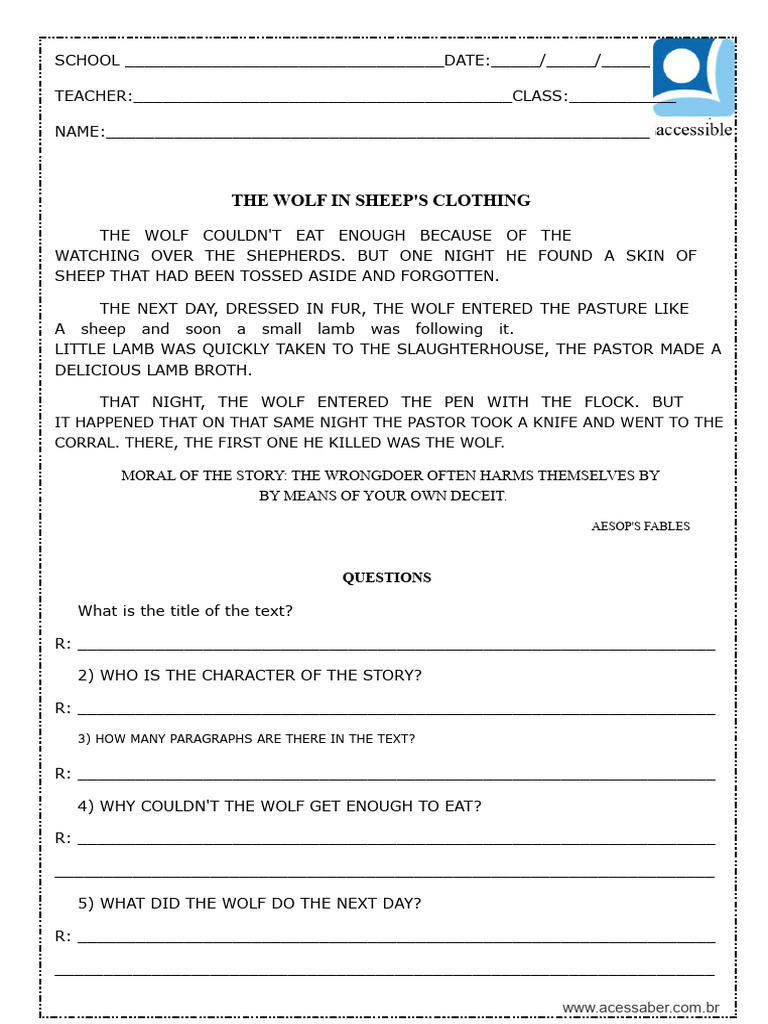 Text Interpretation The Wolf in Sheep's Clothing 3rd Grade and 4th ...
