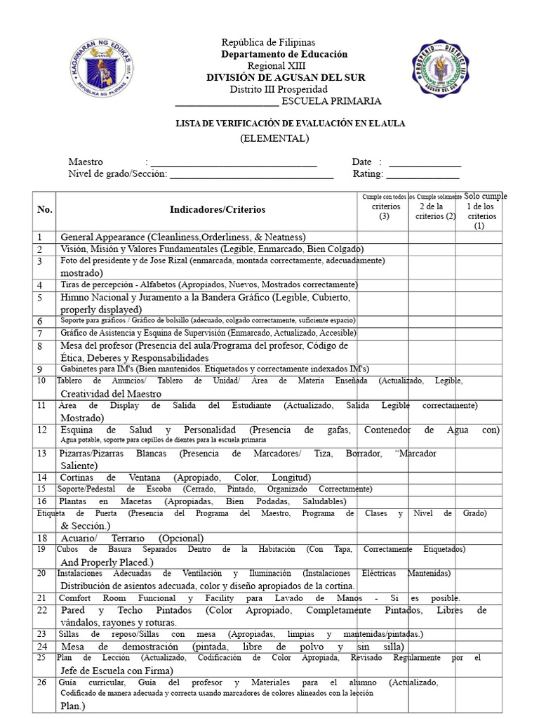 Lista de Verificación de Evaluación Escolar | PDF | Educación primaria ...