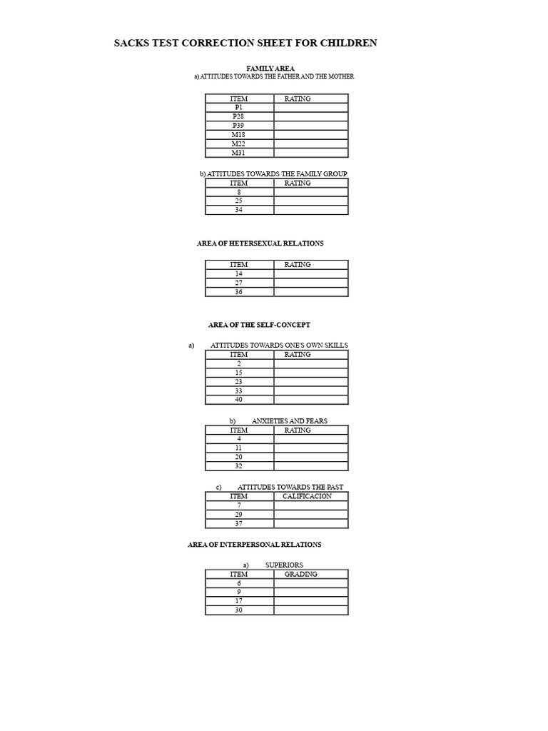 Sacks Test Correction Sheet for Kids | PDF