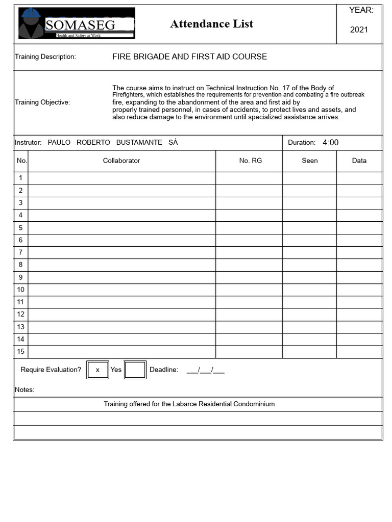 Attendance List - fire brigade | PDF
