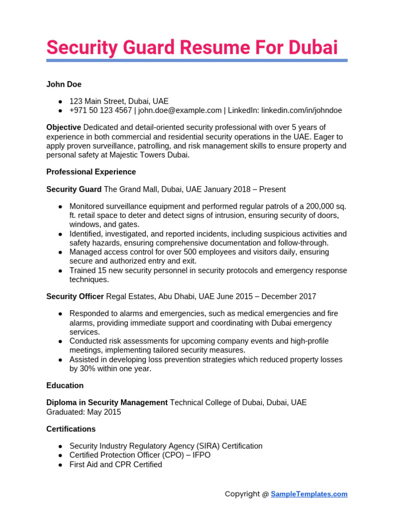 Security Guard Resume for Dubai Jobs | PDF