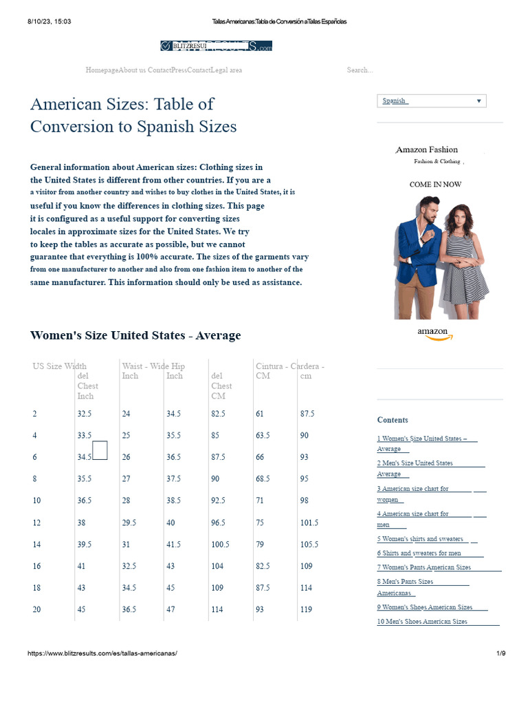 American Sizes - Conversion Table To Spanish Sizes | PDF | Clothing ...