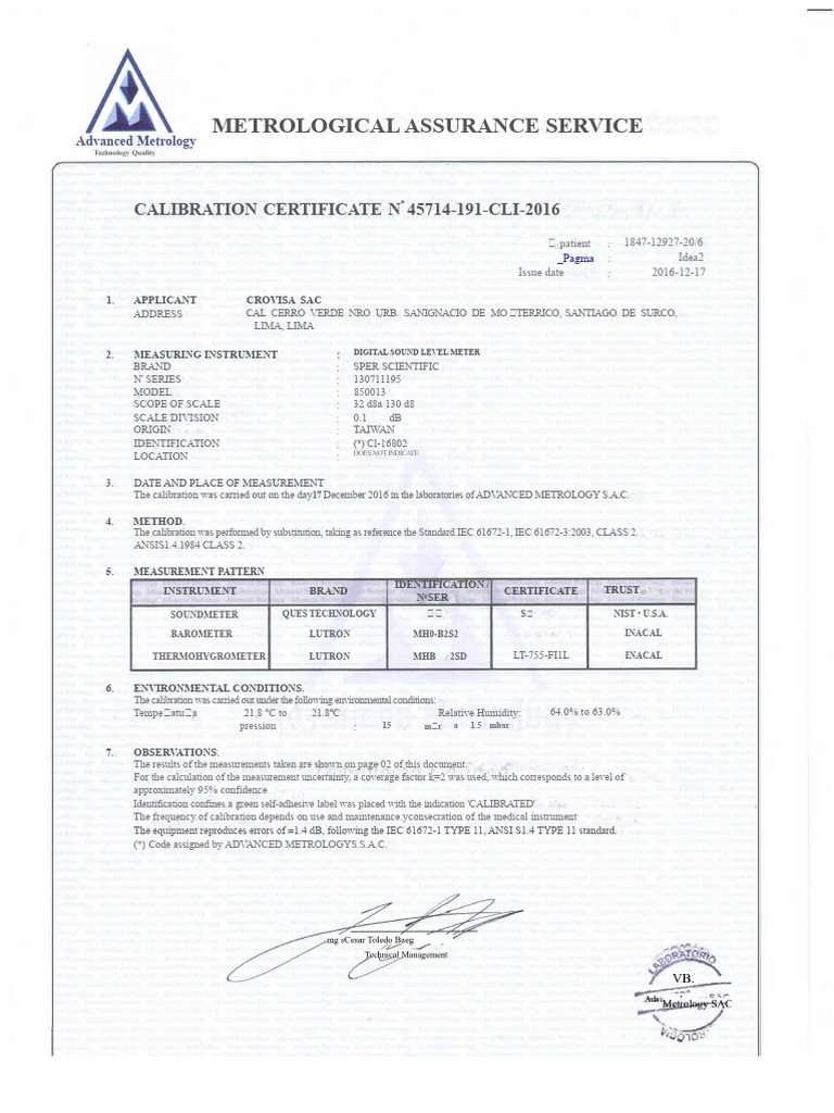 Calibration Certificate for Sound Level Meter | PDF | Calibration ...