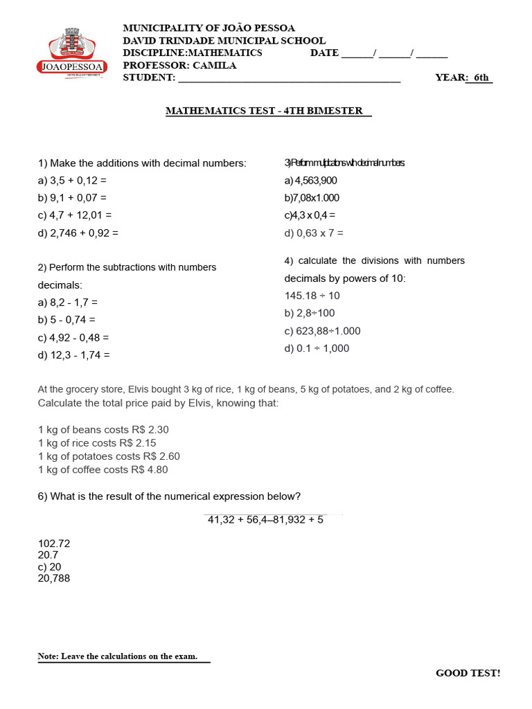 6th Grade Math Test - 4th Bimester | PDF