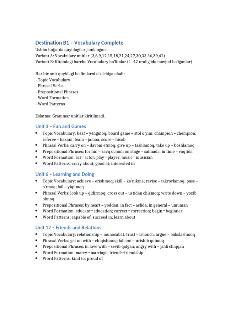 Vocabulary Units for English Learning | PDF