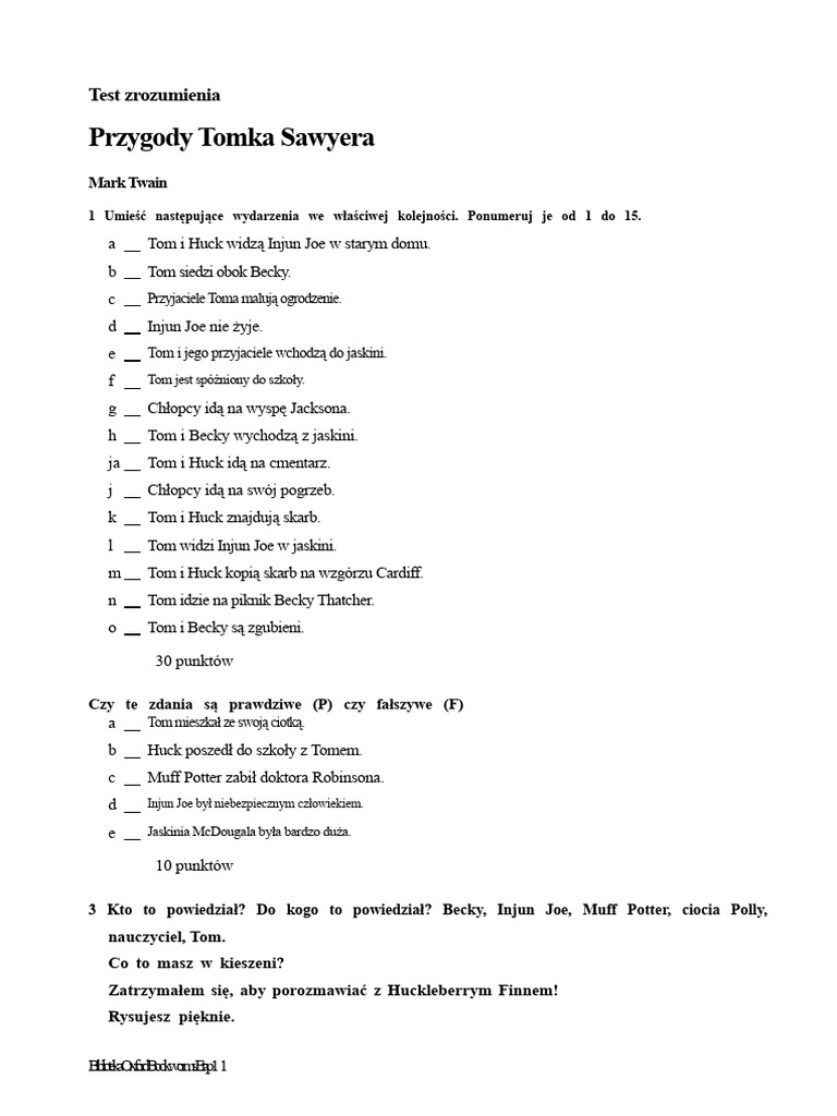 Test Tom Sawyer Z Serii Oxford Bookworms | PDF