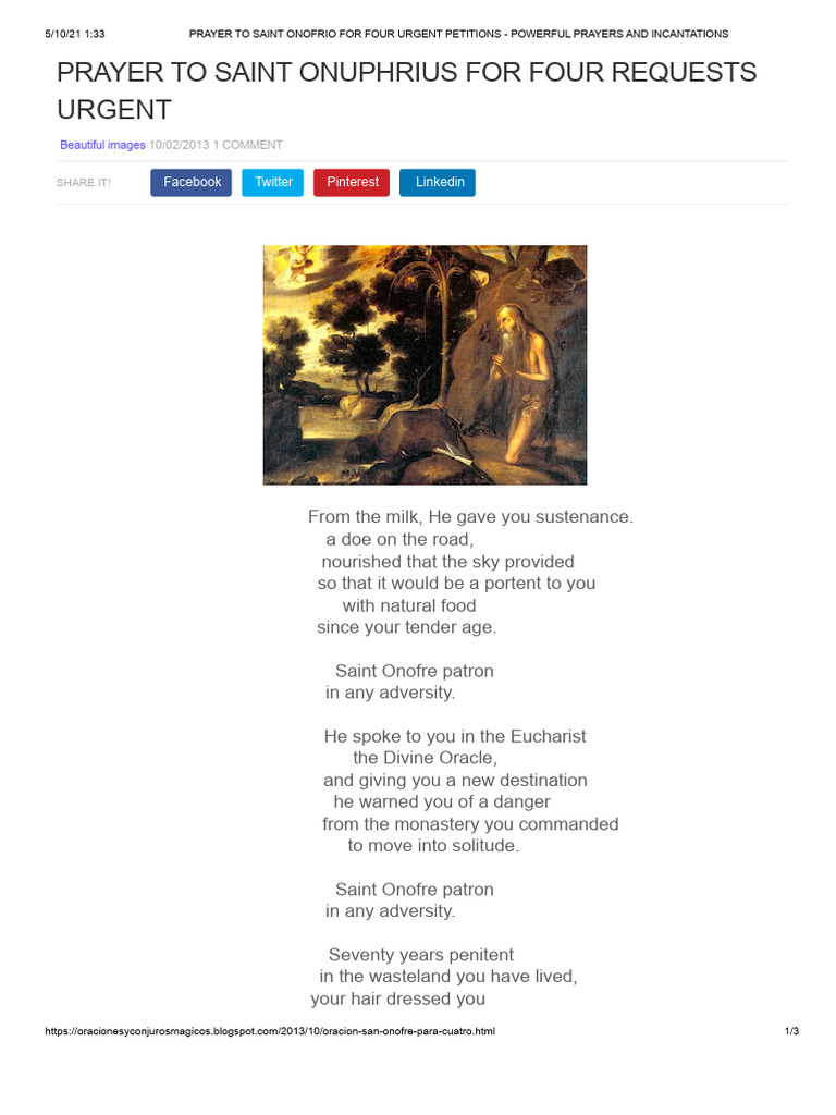 PRAYER TO SAINT ONOFRIO FOR FOUR URGENT REQUESTS - PRAYERS AND POWERFUL ...