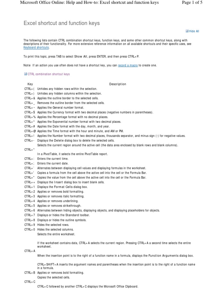 Excel Shortcut and Function Keys: Hide All | PDF | Microsoft Excel ...