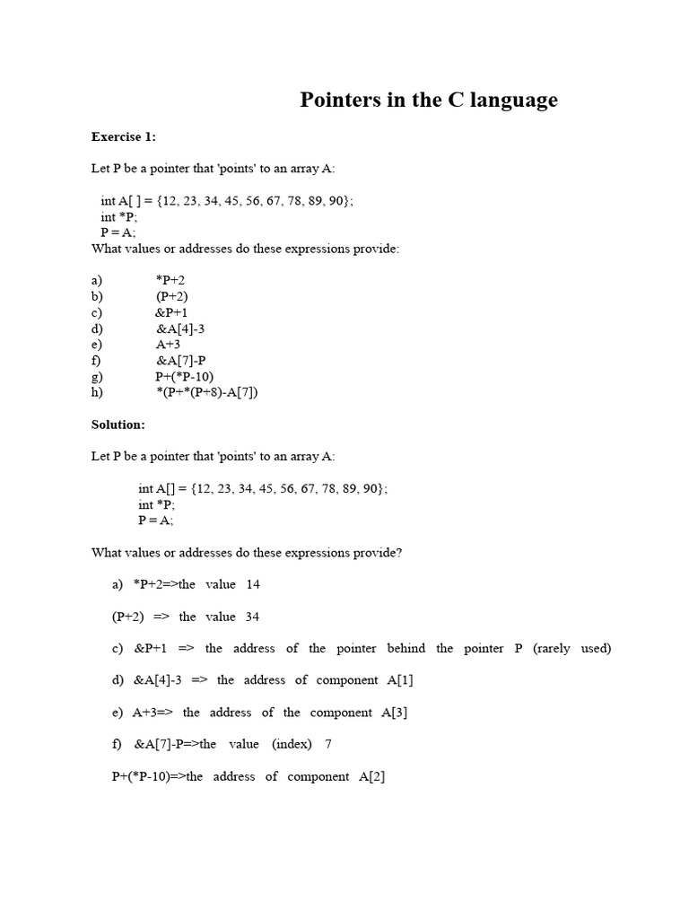 Exercises & Solutions: Pointers in C language | PDF | Pointer (Computer ...