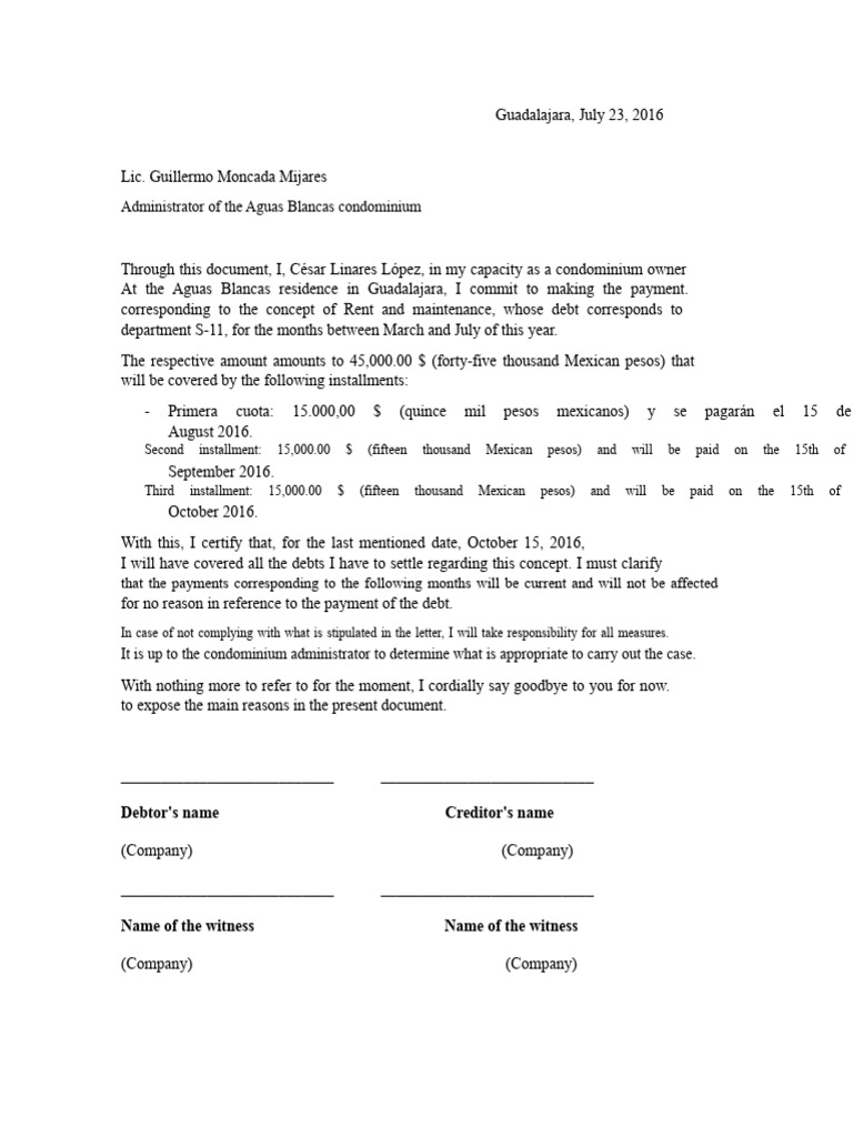 Example of Rent Payment Commitment Letter | PDF