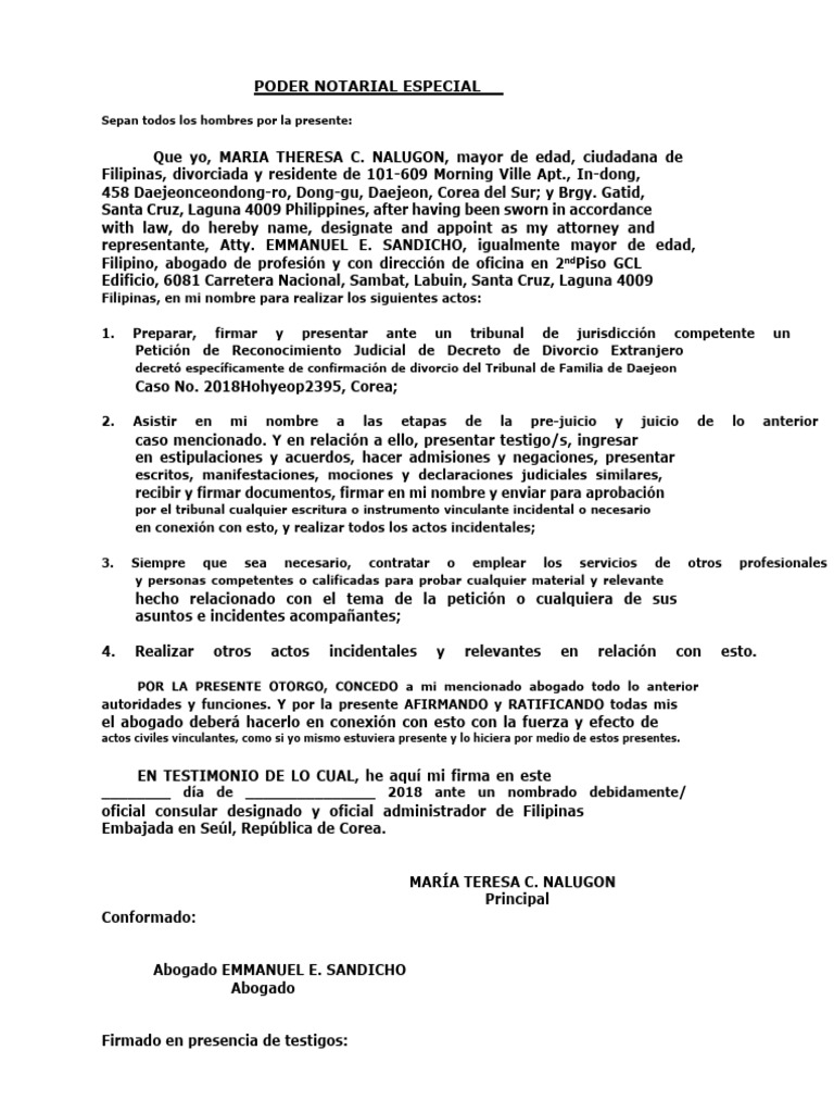 Poder Notarial Especial | PDF | Divorcio | Justicia