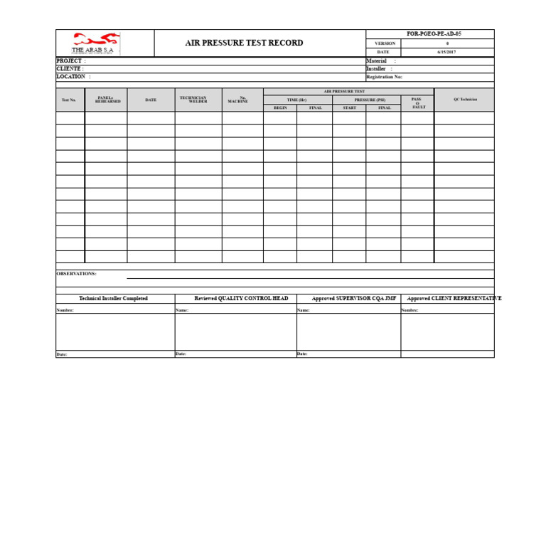 Air Pressure Test Record Template | PDF