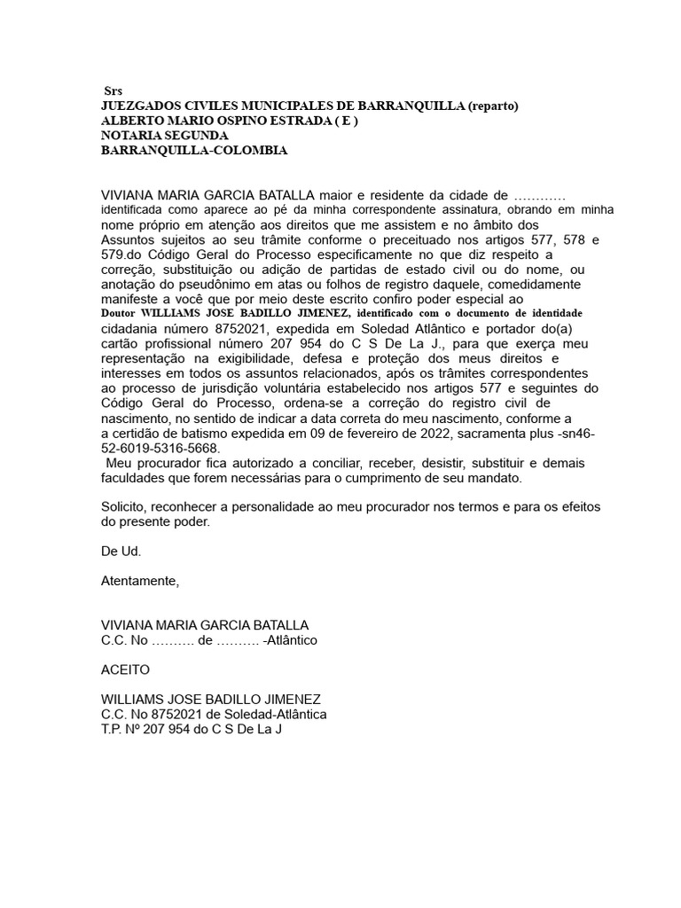 PODER ESPECIAL OUTORGADO perante NOTÁRIO 2 DE BARRANQUILLA COLOMBIA | PDF