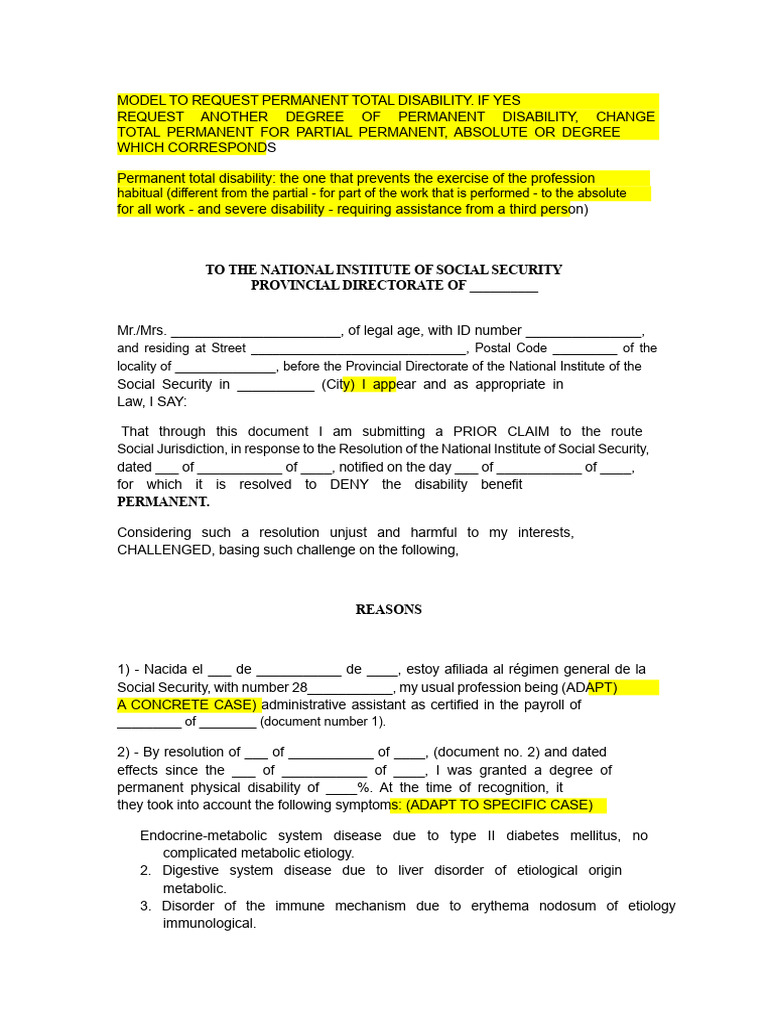 Model Prior Complaint Against Denial of Permanent Work Disability | PDF ...