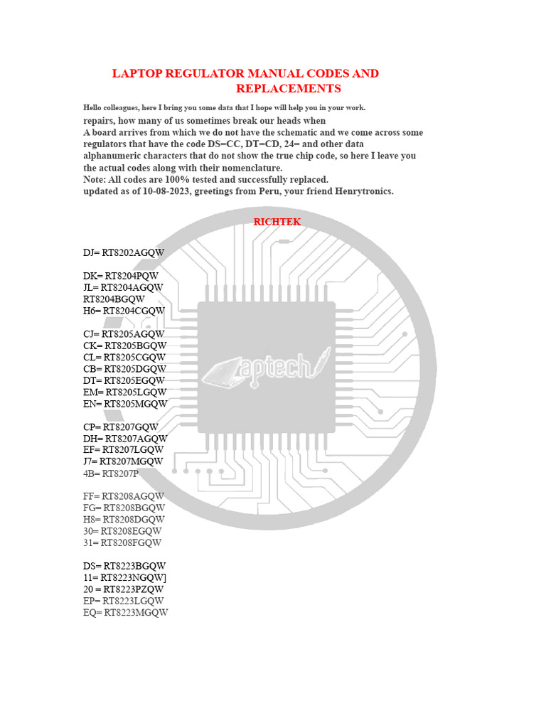 Laptop Regulators Manual Codes and Replacements Last Watermark 10-08 ...