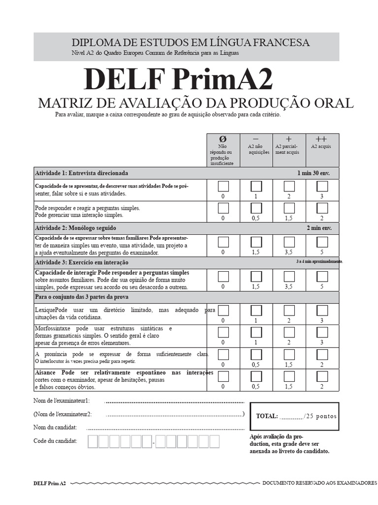 Avaliação Produção Oral DELF Prim A2 | PDF